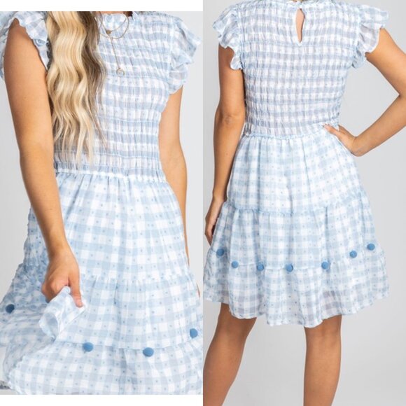 Blu Pepper | Dresses | Blu Pepper Blue White Gingham Smocked Pom Pom ...